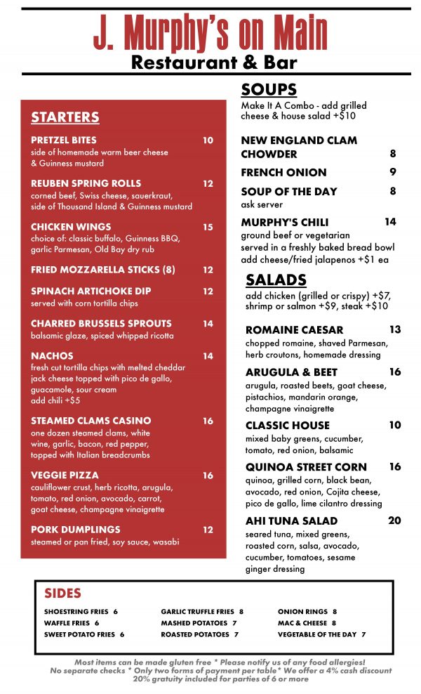 Menu – J. Murphy's on Main
