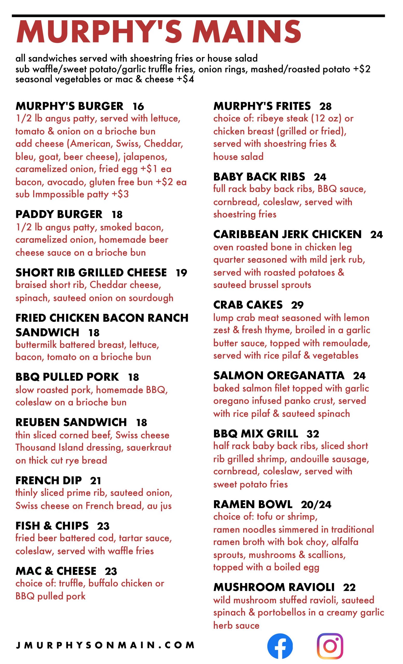 Menu – J. Murphy's on Main