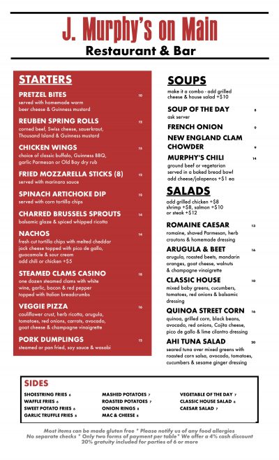 Menu – J. Murphy's on Main