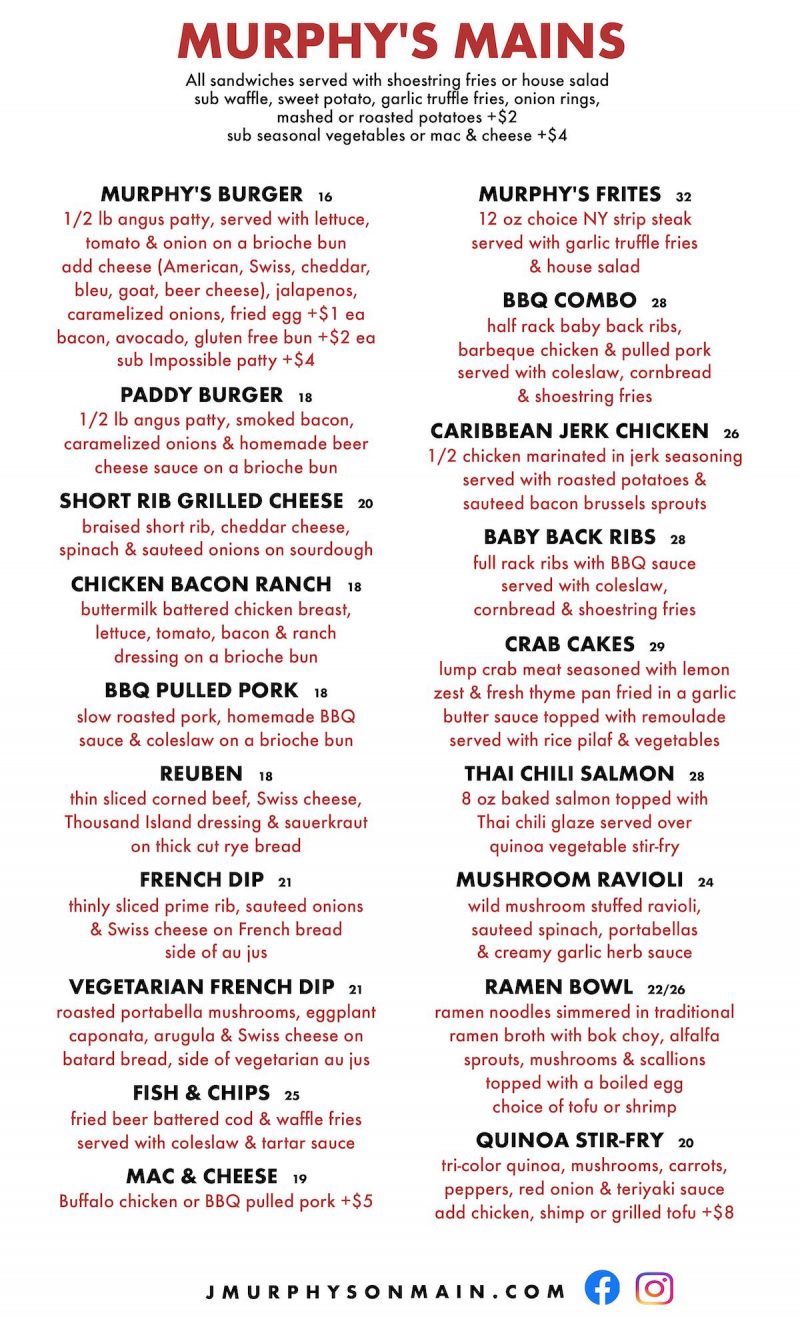 Menu – J. Murphy's on Main